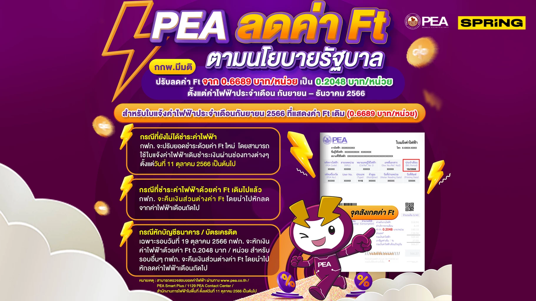 PEA ลดค่า Ft ตามนโยบายรัฐบาล เพื่อลดภาระค่าใช้จ่ายด้านไฟฟ้าให้แก่ประชาชน